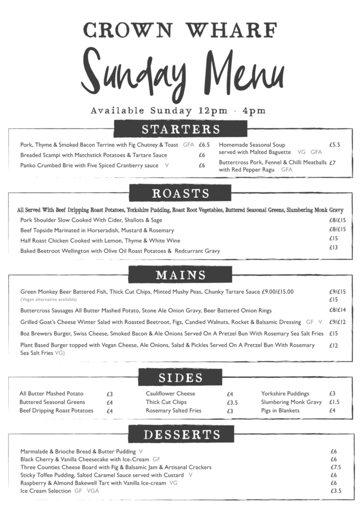 Our Menu -Sunday – Crown Wharf