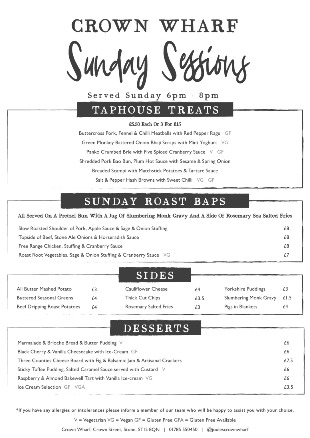 Our Menu -Sunday – Crown Wharf